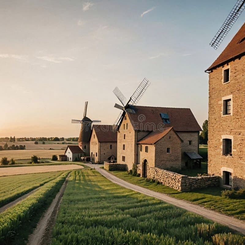 Traditional Windmill or Wind Engine in Cornfield and Rice Field, Brick ...