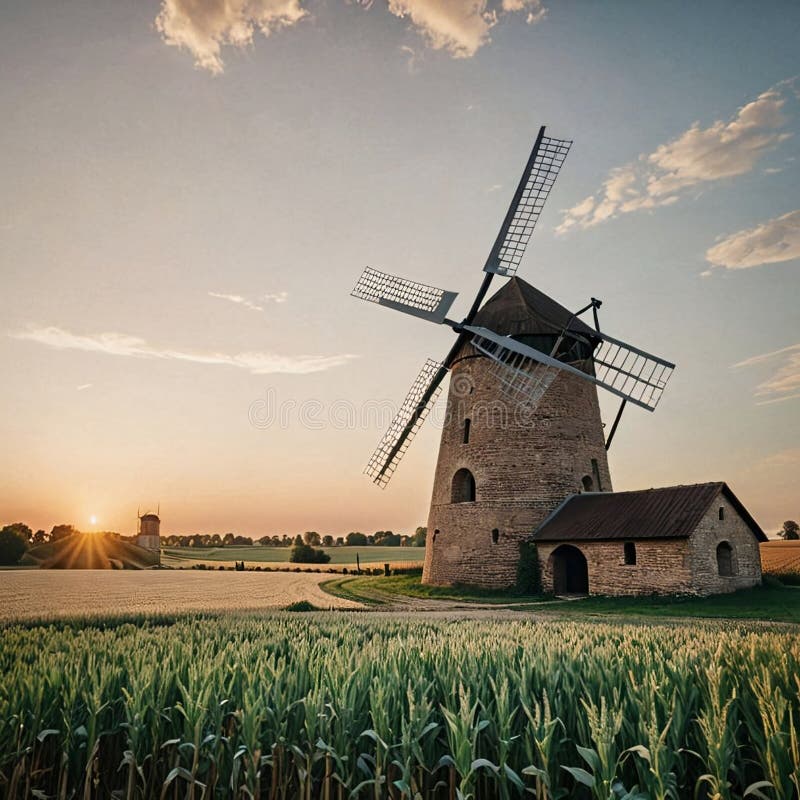 Traditional Windmill or Wind Engine in Cornfield and Rice Field, Brick ...