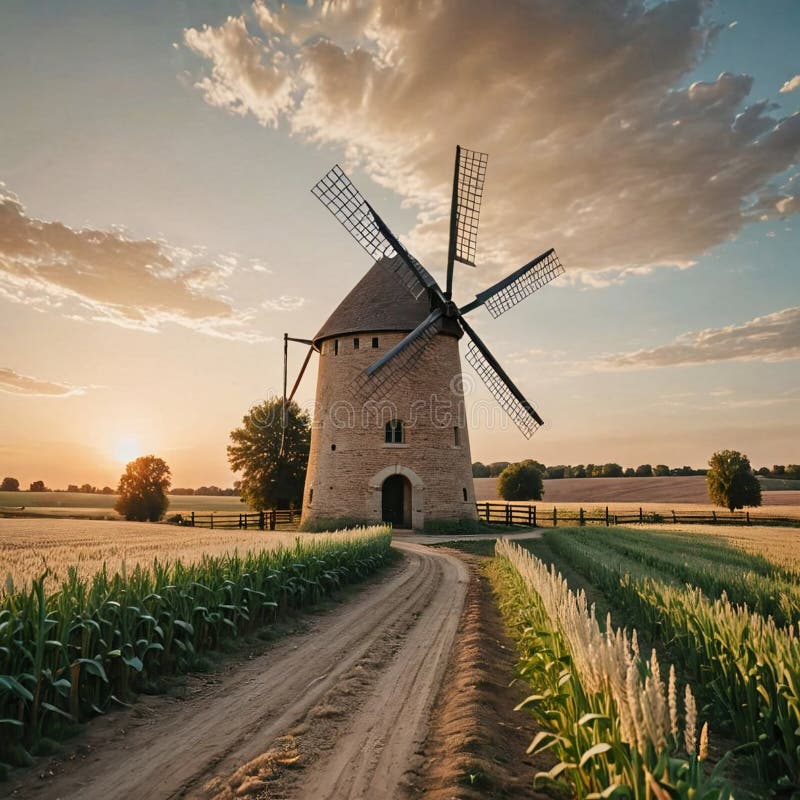 Traditional Windmill or Wind Engine in Cornfield and Rice Field, Brick ...