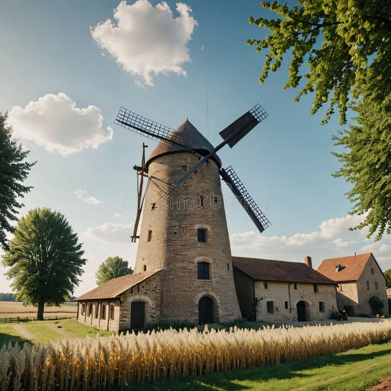 Traditional Windmill or Wind Engine in Cornfield and Rice Field, Brick ...