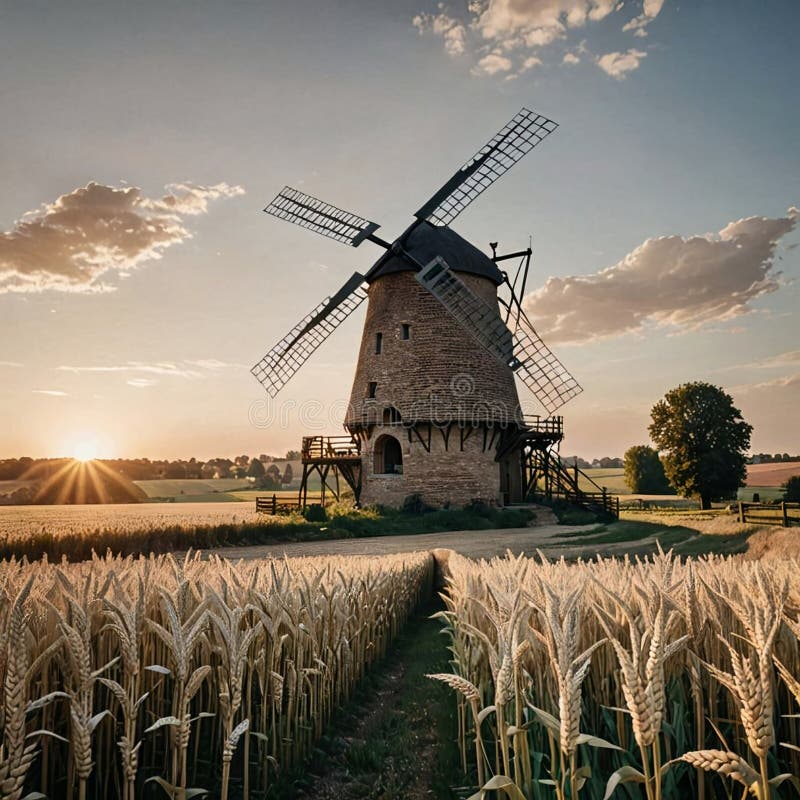 Traditional Windmill or Wind Engine in Cornfield and Rice Field, Brick ...