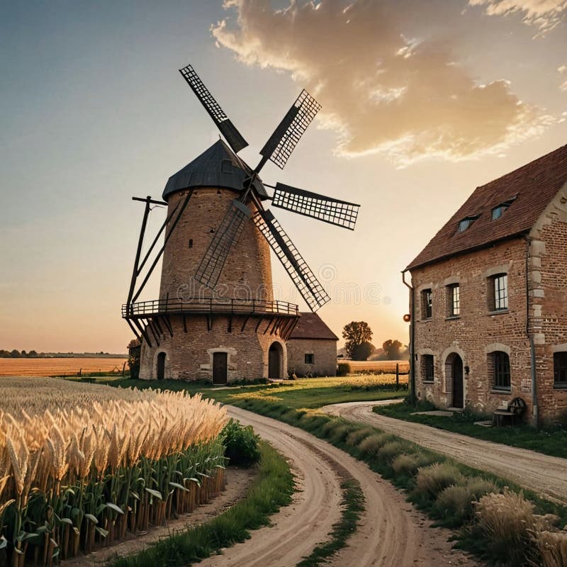 Traditional Windmill or Wind Engine in Cornfield and Rice Field, Brick ...
