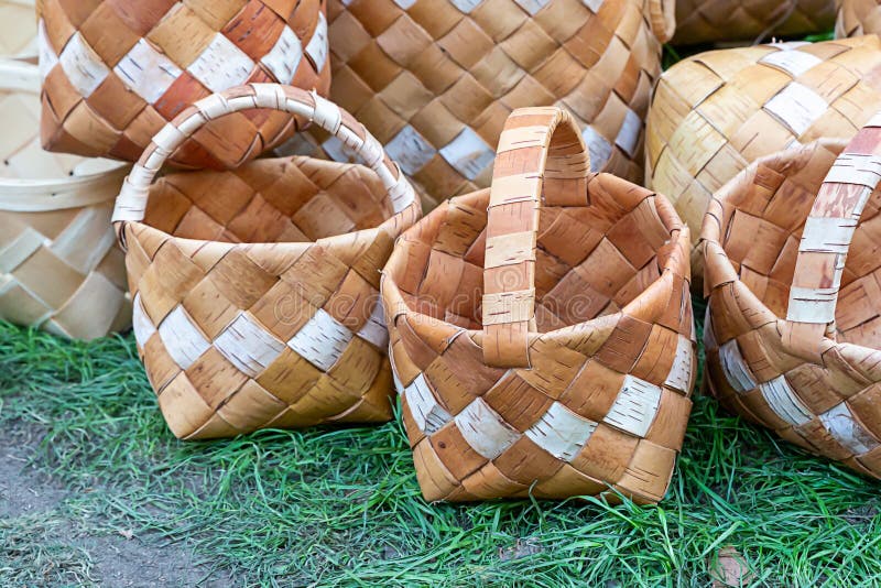 Traditional Wooden Baskets with White Stripe Rustic Production Stock ...