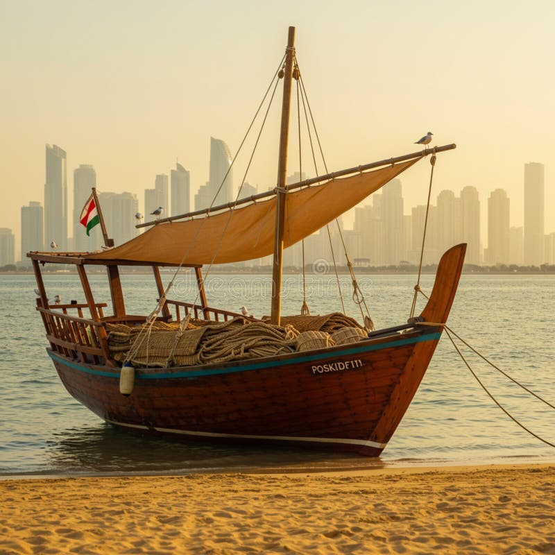 A Traditional Wooden Dhow Rests on a Sandy Shore with Ropes Coiled on ...