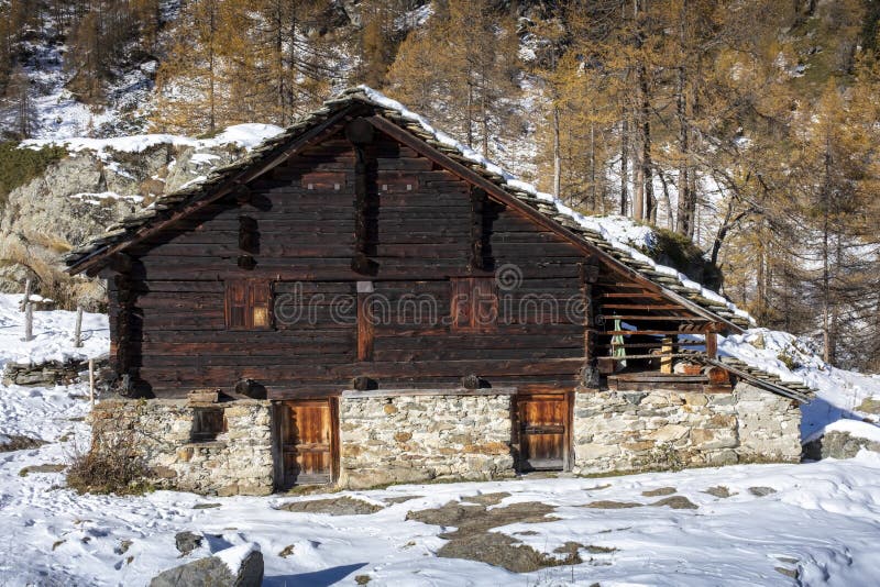 Wooden house in the Alps stock image. Image of nature - 237498539