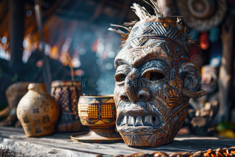 A Traditional Wooden Mask Sits on a Table, Ready for Use in Various ...