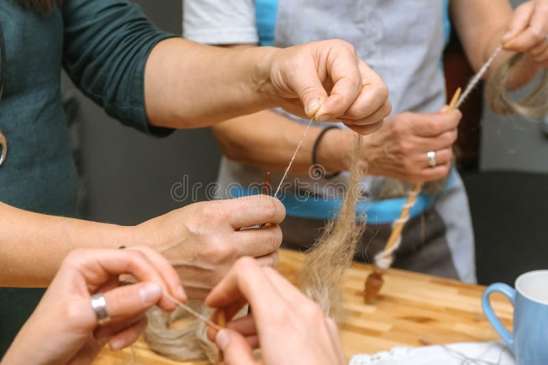 Traditional Yarn Spinning Workshop with Hands and Handcrafted Tools ...