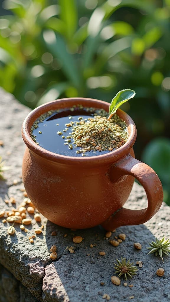 Traditional Yerba Mate in Clay Mug with Nature Background Stock Photo ...