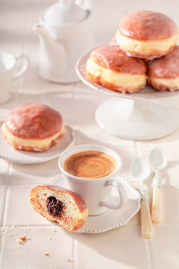 Traditionally Doughnuts Served with Coffee in Kitchen Stock Photo ...