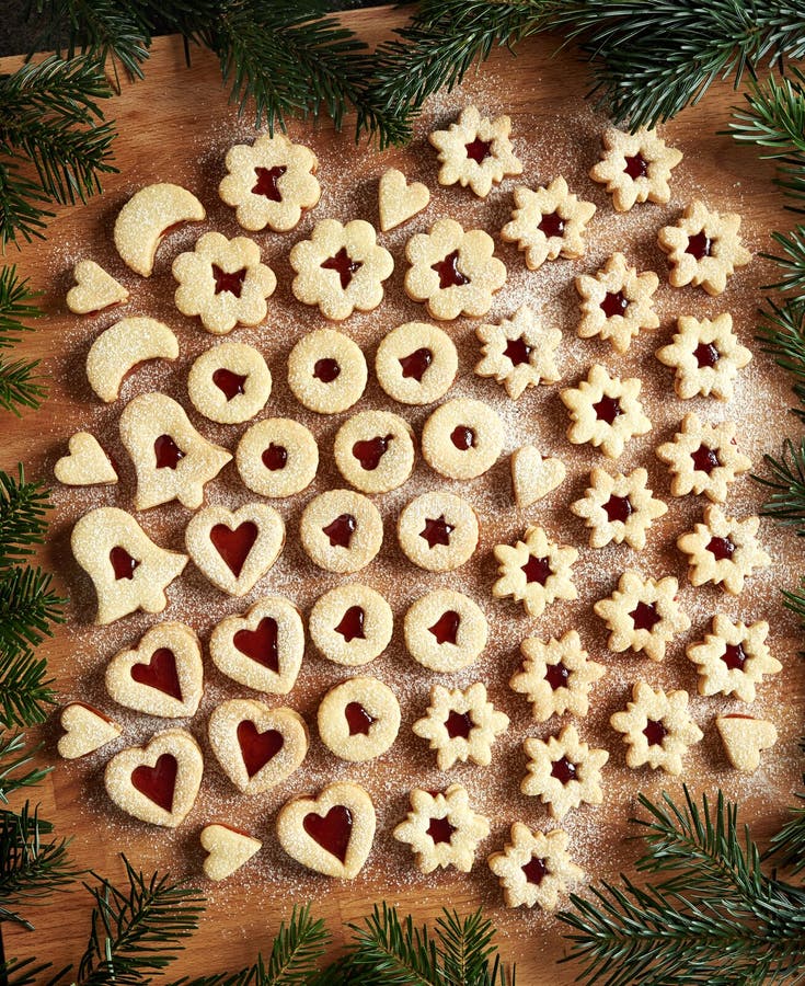 Traditonal Linzer Christmas Cookies with Fir Tree Branches, Top View ...