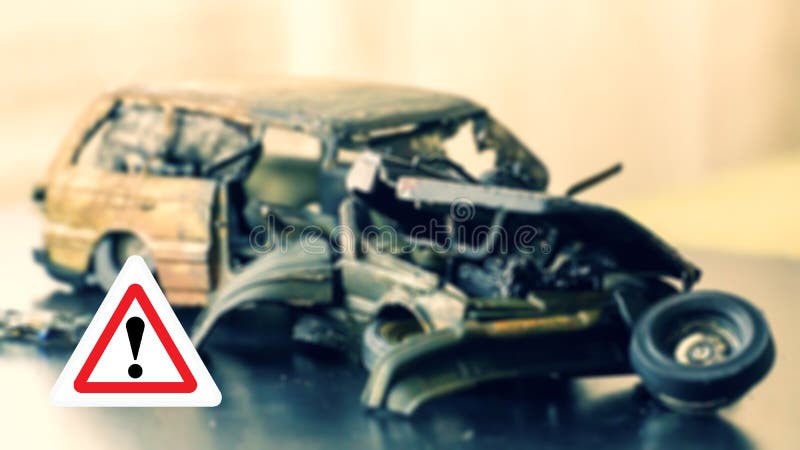 Traffic Accident Caution Sign and Crashed Vehicle in Background Stock ...