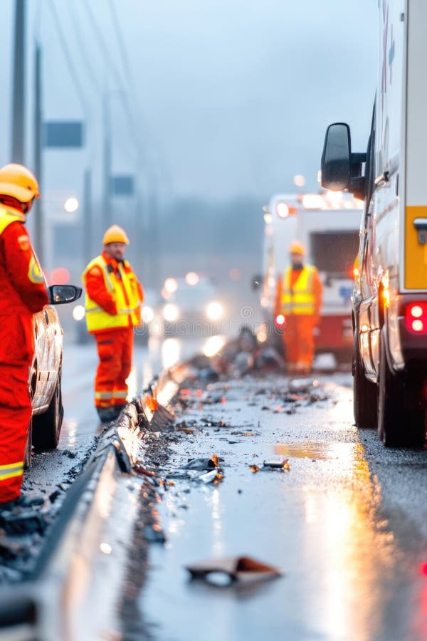 Traffic Accident Cleanup by Emergency Workers on Rainy Highway Stock ...