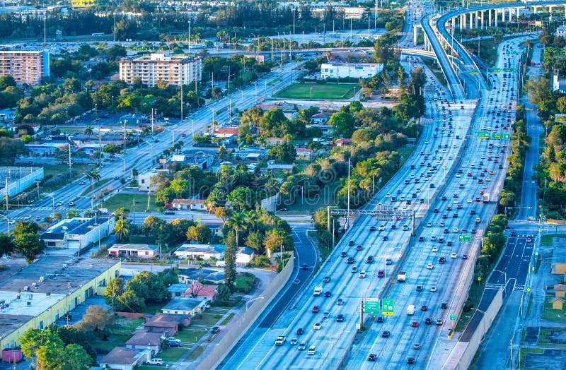 Traffic Along Major Interstate in Florida, Aerial View at Sunset Stock ...