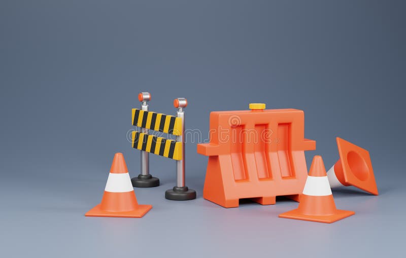 Traffic Barrier, Safety Cone with Roadblocks Tools. 3D Rende Stock ...