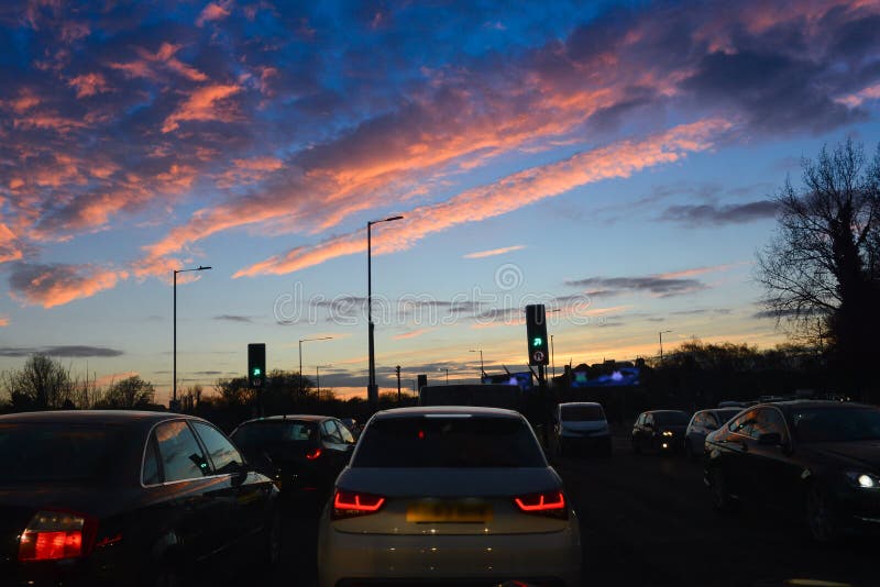 Traffic at a Busy Road Junction at Night Stock Image - Image of evening ...