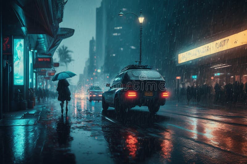 Traffic in the City at Night with Heavy Rain. 3d Rendering Generative ...