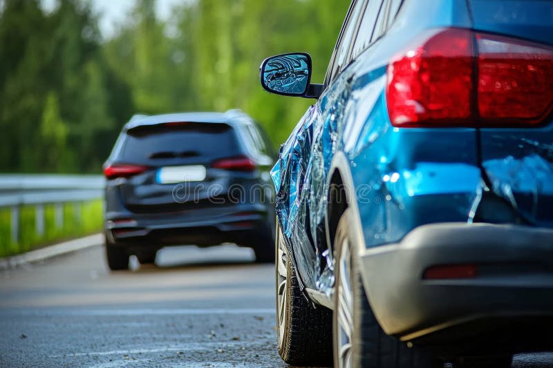 Traffic Collision Scene Blue Car and Black Suv with Visible Damage on a ...