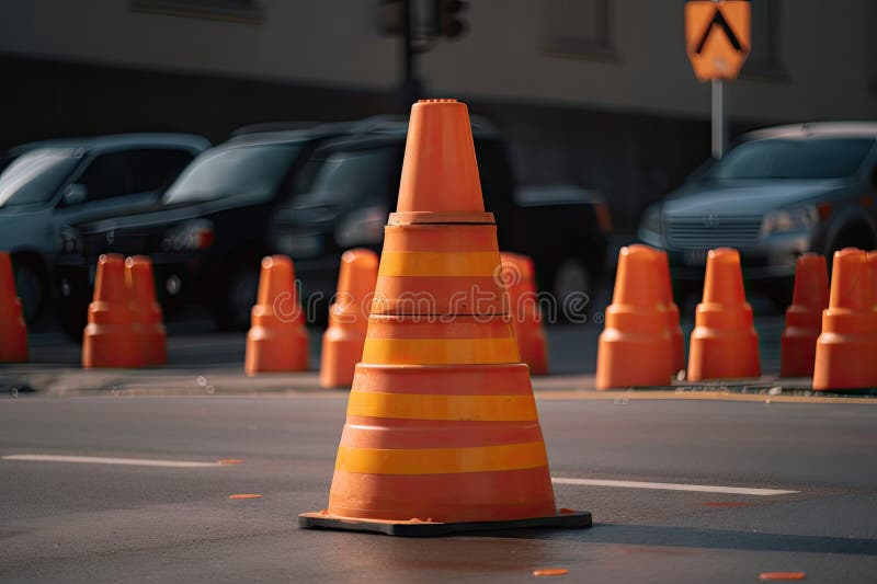 Traffic Cone Atop Stack of Cones, Creating Traffic Obstacle Stock ...