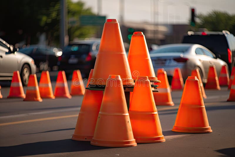 Traffic Cone Atop Stack of Cones, Creating Traffic Obstacle Stock Image ...