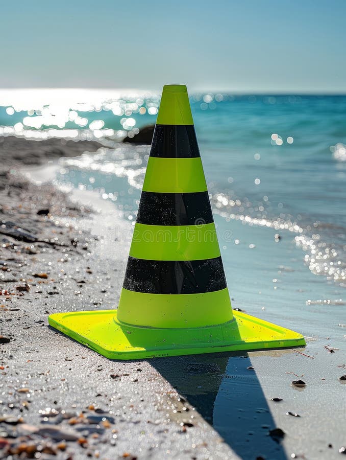 Traffic Cone with Black and Yellow Stripes on a Sandy Beach. Stock ...