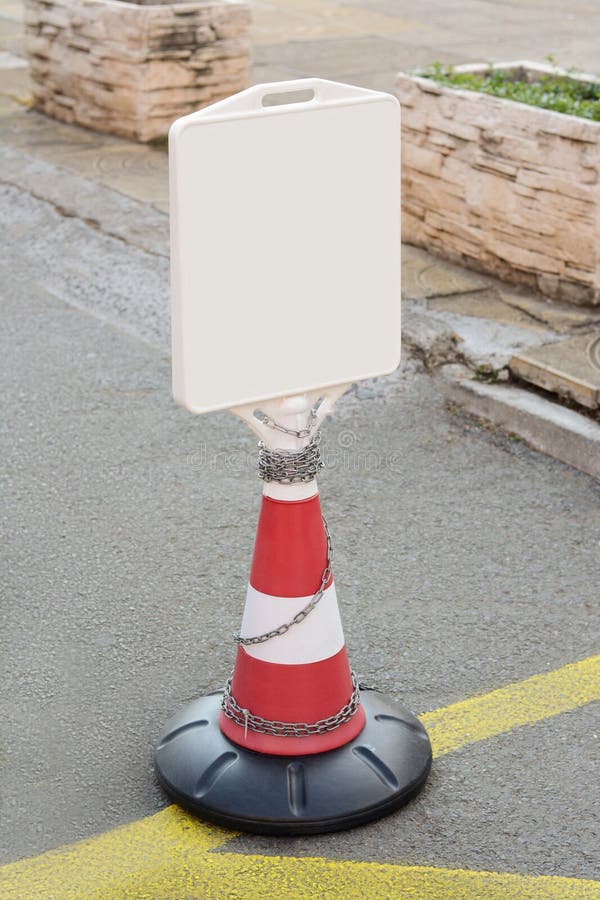 Traffic Cone with Blank Sign on Asphalt Outdoors Stock Photo - Image of ...