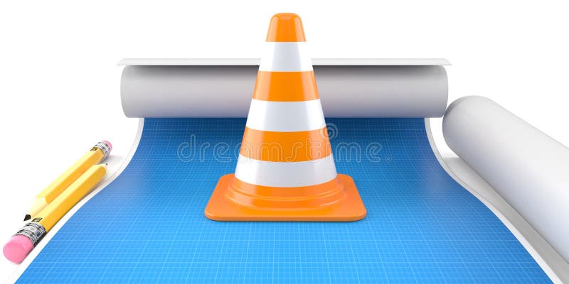 Blueprint with Traffic Cone and Hardhat Stock Illustration ...