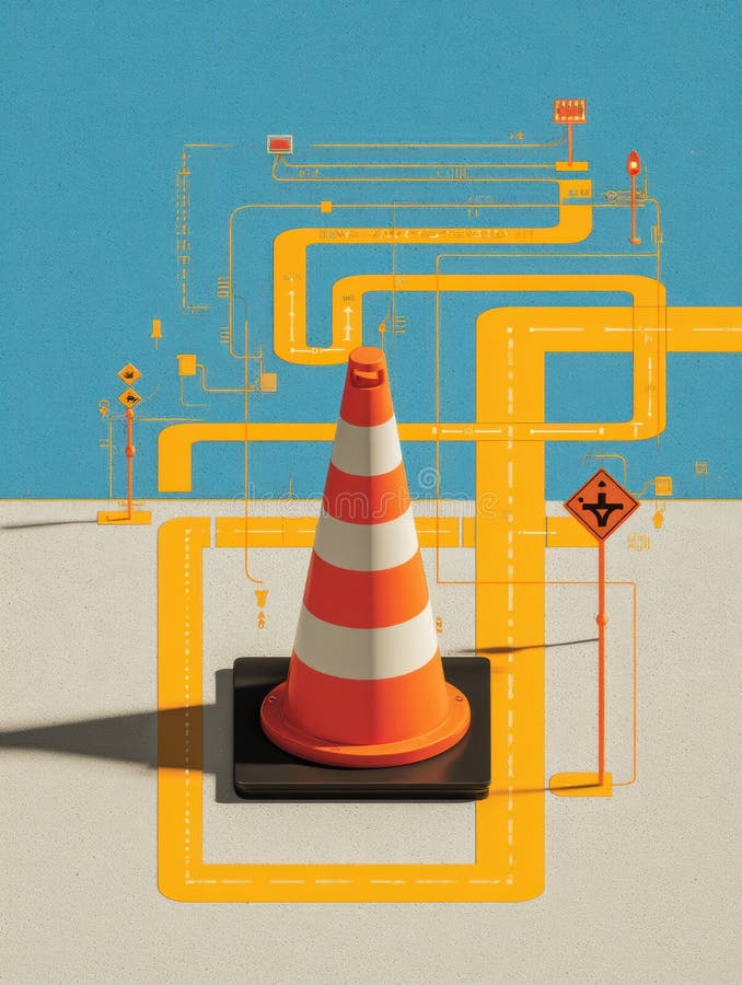 Traffic Cone and Detour Sign Guide the Way on a Digital Road ...