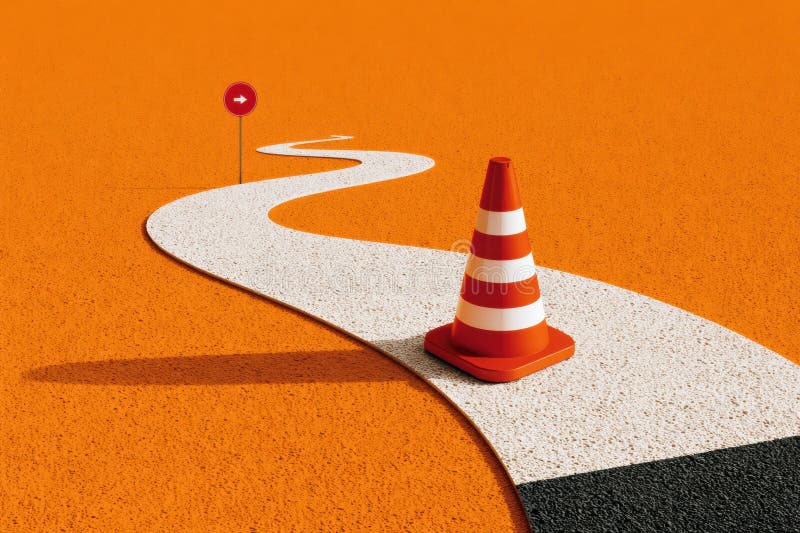 Traffic Cone and Detour Sign Marking a Winding Digital Pathway in a ...
