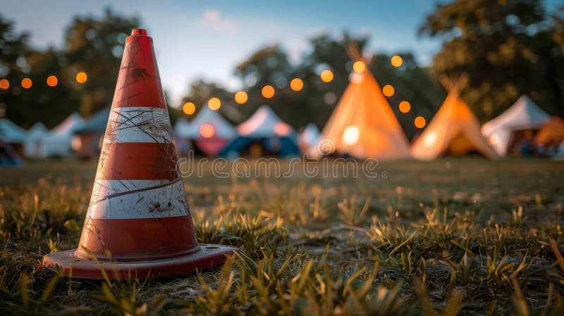 Traffic Cone in Foreground, Tents and String Lights in the Background ...