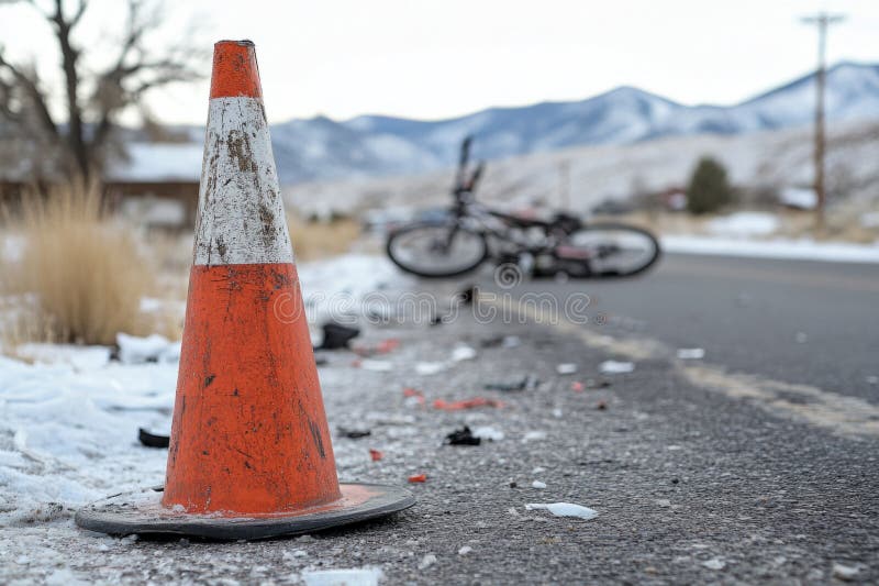 Traffic Cone Marking Bicycle Accident Scene on Mountain Road Stock ...