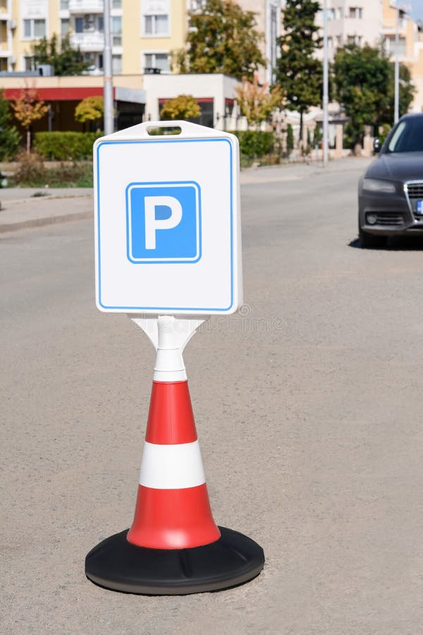 Traffic Cone with Road Sign Parking Place on Sunny Day Outdoors Stock ...