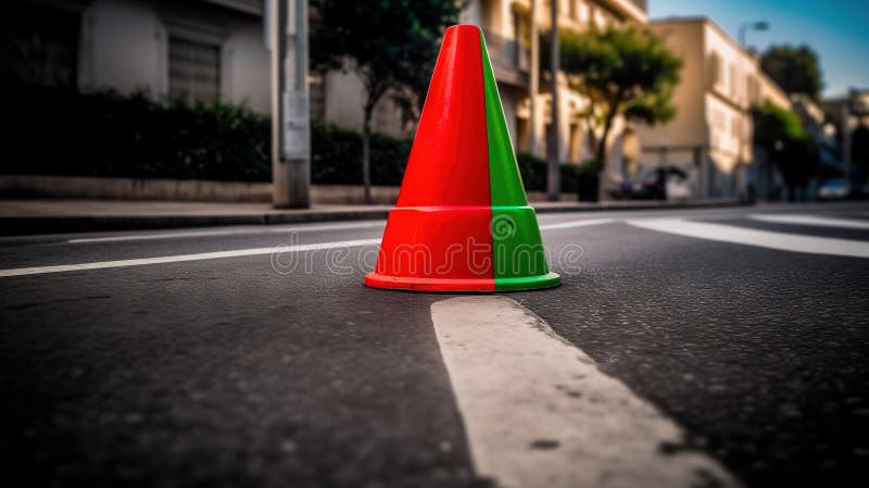 A Traffic Cone Sitting on the Side of a Road Next To a Building Stock ...