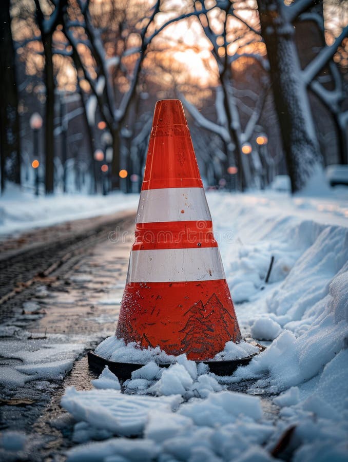 Traffic Cone on a Snowy Path in a Winter Park at Sunrise. Stock Photo ...