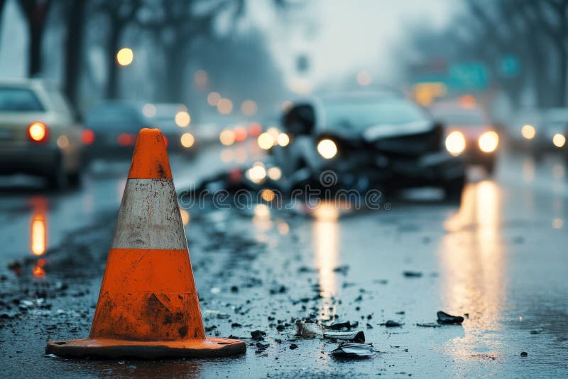 Traffic Cone Warning of Car Crash on Wet Road at Dusk Stock Image ...