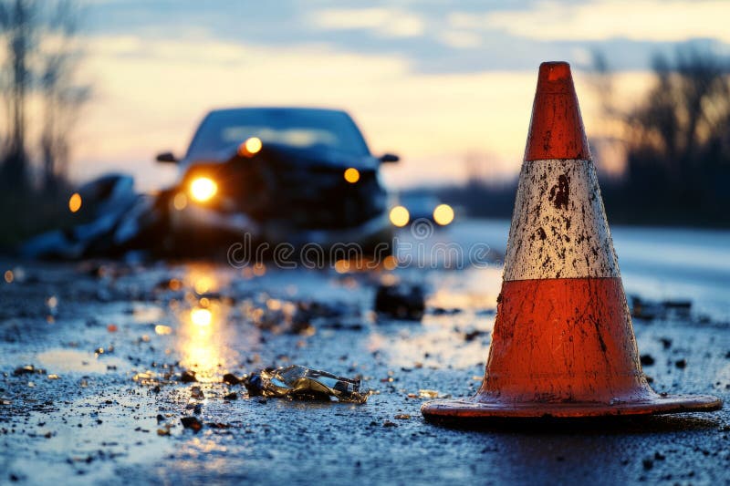 Traffic Cone Warning of Car Crash on Wet Road at Twilight Stock Image ...