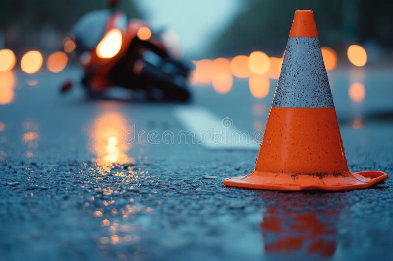 Traffic Cone Warning of Motorcycle Accident on Autumn Road Stock Photo ...