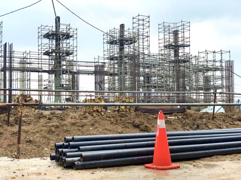 Traffic Cone and Water Pipes Material in Construction Site Stock Photo ...