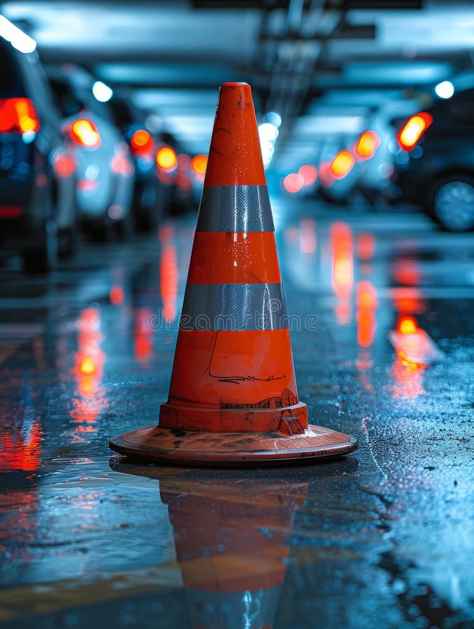 Traffic Cone in a Wet Parking Garage with Blurred Lights. Stock Photo ...
