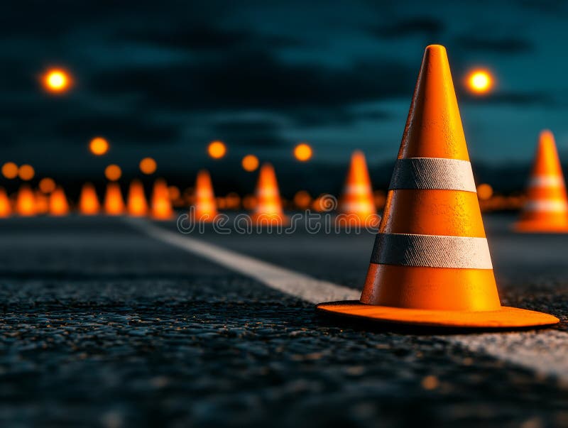 Traffic Cones are Lined Up on Asphalt Road at Night, Illuminated by ...