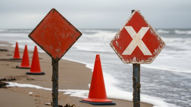 Traffic Cones and a Red X Sign are Placed on a Sandy Beach with Ocean ...