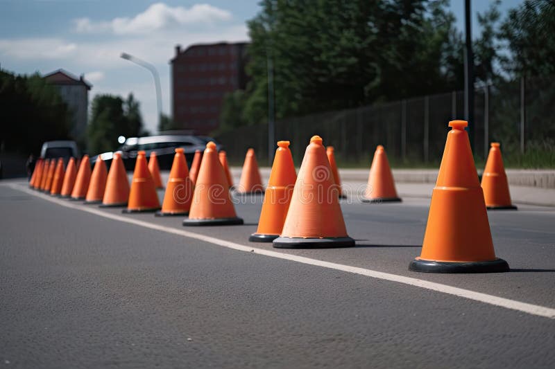 Traffic Cones in a Row, Creating Temporary Barrier on the Road Stock ...