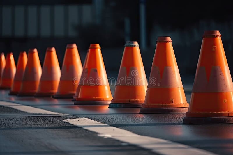 Traffic Cones in a Row, Creating Temporary Barrier on the Road Stock ...
