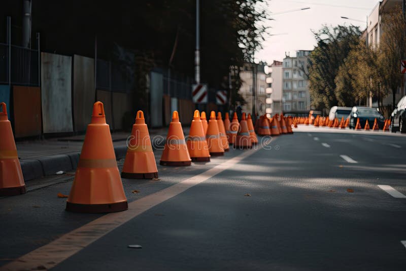 Traffic Cones in a Row, Marking Off a Construction Zone Stock ...