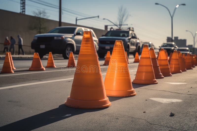 Traffic Cones in a Single-file Line, Marking Off Construction Zone ...