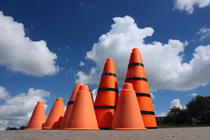 Traffic Cones in a Stack with Blue Sky and Clouds Visible Above Stock ...