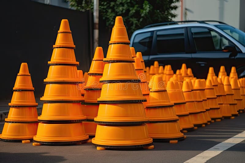 Traffic Cones in a Single-file Line, Marking Off Construction Zone ...