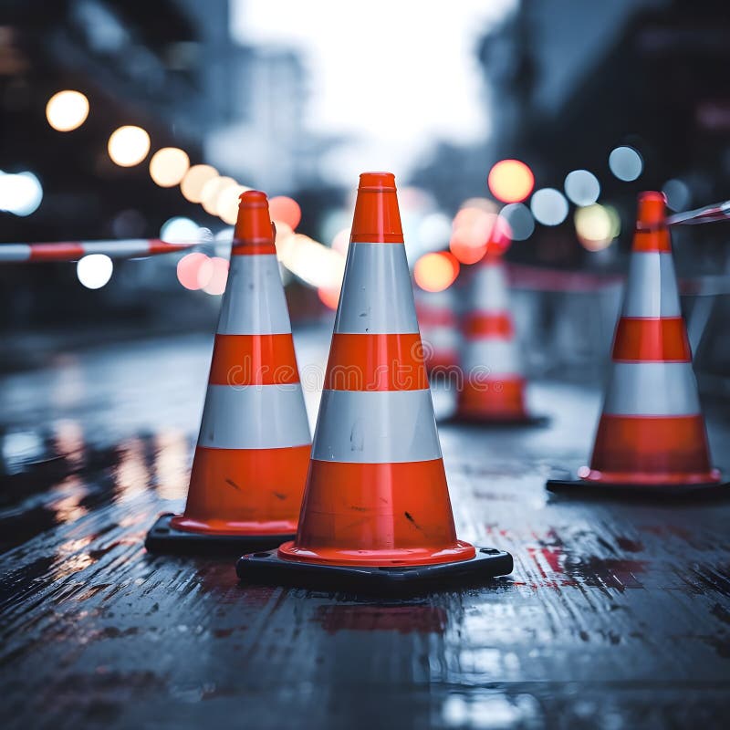 Traffic Cones on Wet Pavement with Bokeh Lights Stock Illustration ...