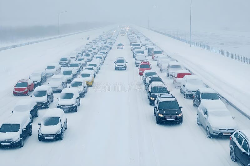 Traffic Congestion Caused by Heavy Snowfall on Highway during Winter ...