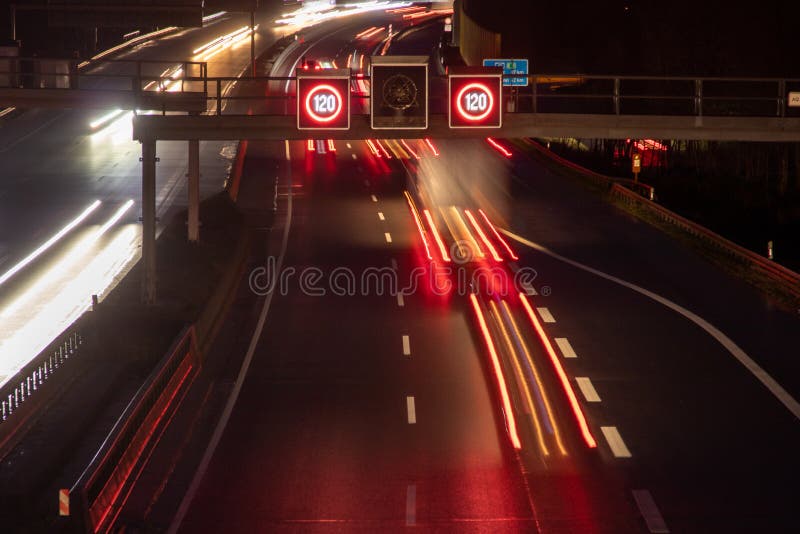 Traffic Control System with Speed Display at Night, Speed Limit 120 ...