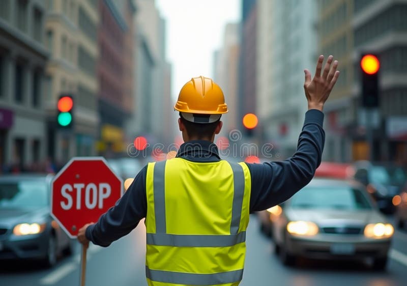 Traffic Controller Directing Vehicles at a Road Construction Site Stock ...